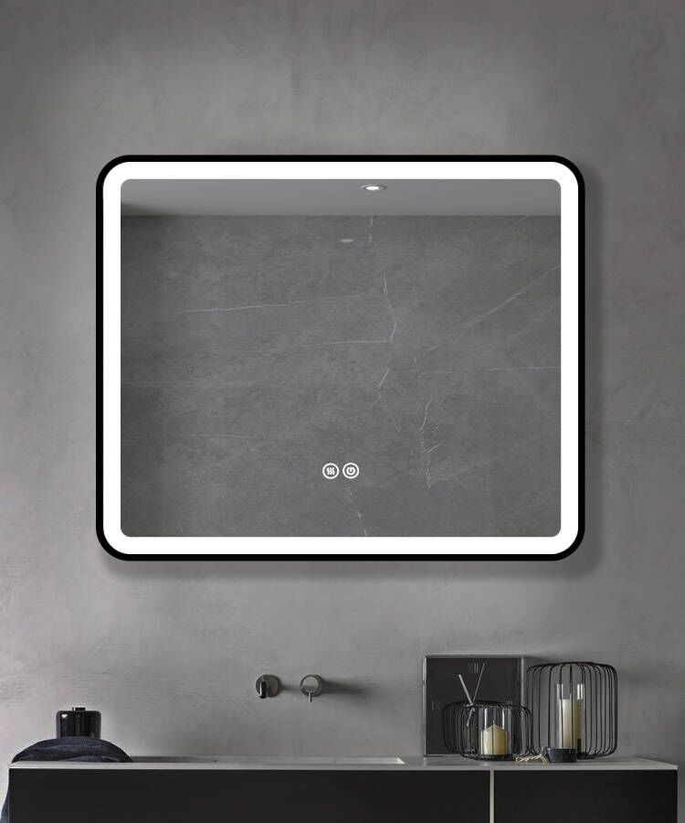 Premium Black Framed LED Mirror with Demister, Rounded Corners, 3 Colo ...