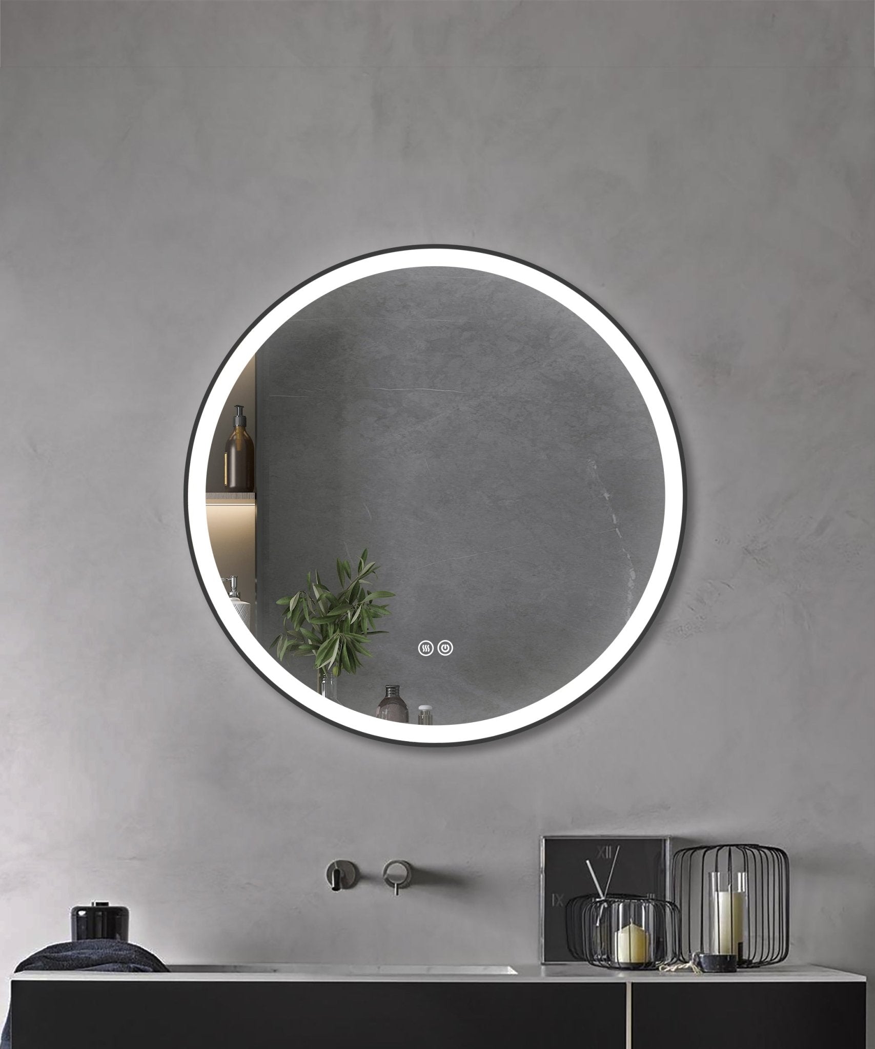 Premium Black Framed Round LED Mirror with Demister, 3 Colour Selectio ...